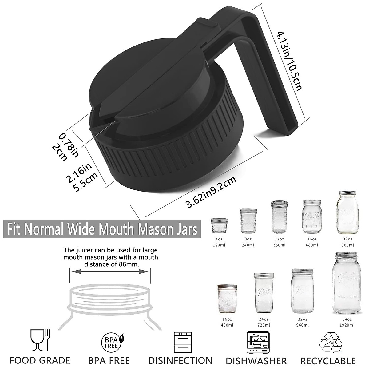 2 Pack Flip Cap Lid with Handle, Sliding Lid & Easy Pour Spout Wide Mouth Mason Jar Lids Reusable, Leak-Proof Seal Spout Mason Jar Pitcher, Grey+Black