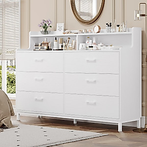 DICTAC White Dresser for Bedroom, 6 Drawers Double Dresser with Shelves, Wood Chest of Drawers, Large Capacity Storage Organizer Dresser for Bedroom, Living Room, Hallway