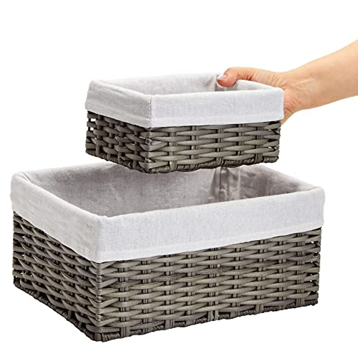 Set of 4 Wicker Storage Baskets with Liners for Shelves, Decorative Woven Nesting Bins for Organizing Pantry, 2 Sizes (Grey)