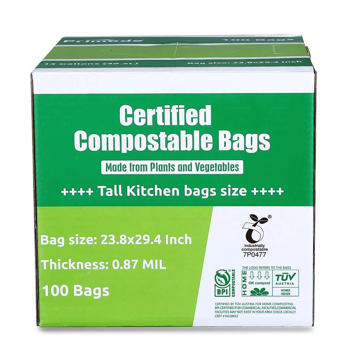 Primode Compostable Bags 13 Gallon, Tall Kitchen Trash Bags, 100 Count, Extra Thick 0.87 Mil. ASTMD6400 Food Scrap Yard Waste Compost Bags, Certified by BPI and TÜV AUSTRIA