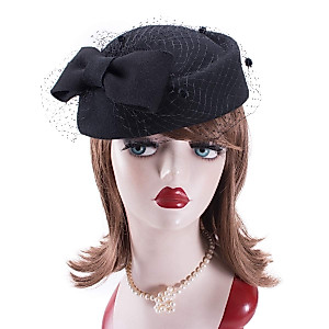 Lawliet Womens Dress Fascinator Wool Felt Pillbox Hat Party Wedding Bow Veil A080 (Black)