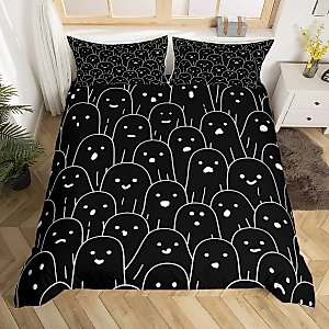 Cute Ghost Bedding Set,Black White Ghost Comforter Cover Set for Teens Women Room Decor,Cartoon Halloween Duvet Cover Breathable Funny Ghost Bedspread Cover Full Size(No Comforter)
