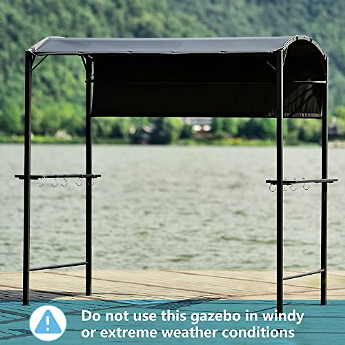 7' x 4.5' Grill Gazebo, Outdoor BBQ Canopy with Side Awning, Steel Double Tiered Grill Canopy Tent with Shelves and Hooks for Patio and Backyard, Gray