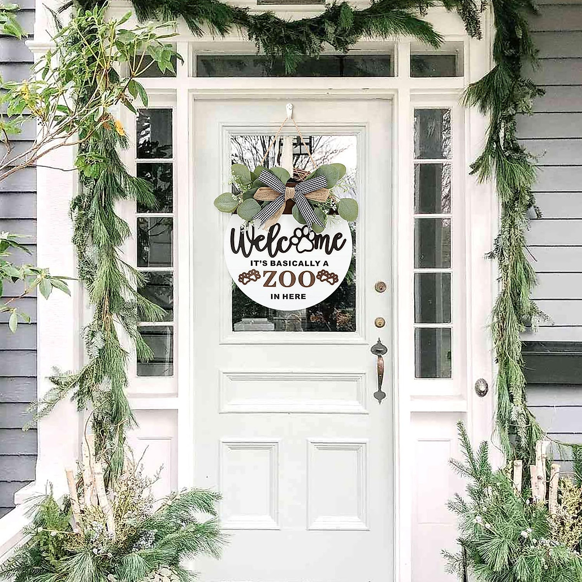 TOARTi 3D Rustic Humorous Front Door Welcome Sign, It's Basically A Zoo In Here, Funny Pet Lover Home Porch Wall Decor, 11.8''x11.8'' Wooden Sign with Black Letters & Bow-knot Wreath