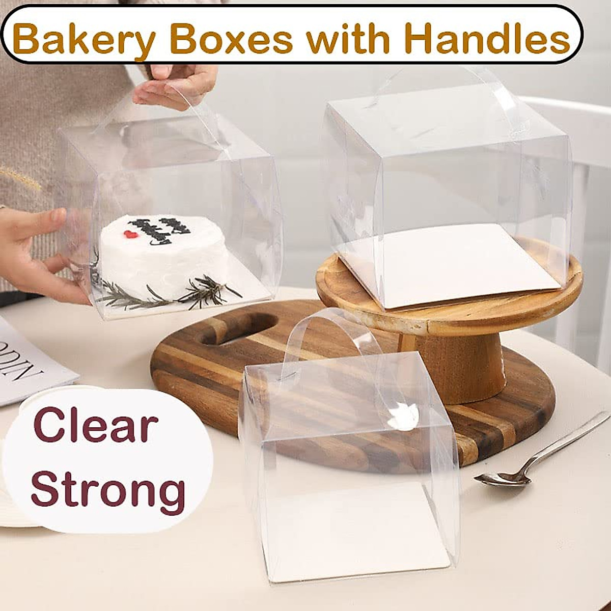 DNPHRPY 6X6X6 Inches 20pcs Clear Cake Boxes with Handles & Cake Boards, Bakery Box with Handles for Mother's Day Gifts, Desserts, and Cupcakes, Disposable Bakery Containers, 1 Ribbon & 4 Stickers