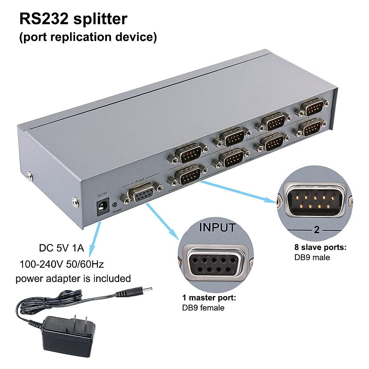 DTech Serial Splitter 8 Port Industrial RS232 Expander COM Port Switch Box with Power Adapter for Sharing PCs and Capture Data - 1x8