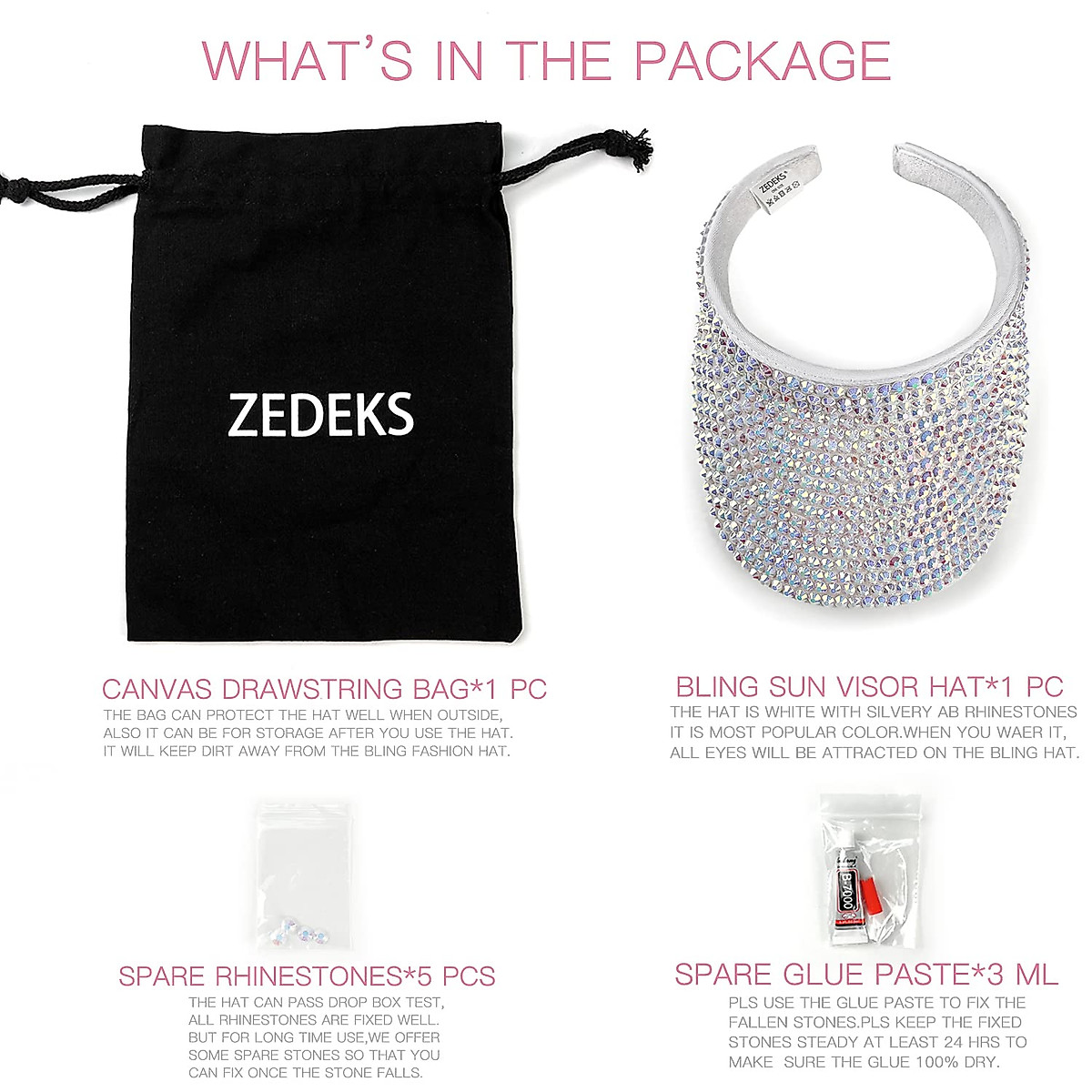 ZEDEKS Bling Victoria Sun Visor Hat!Sparkle Party Rhinestone UPF 50+ Women Beach Hat!Outdoor Sports Fashion Golf Hat,White