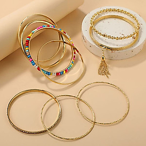 COLORFUL BLING Boho Gold Indian Multi Cuff Bangle Bracelet Layered Rhinestone Pearl Stackable Cable Smooth Bracelet Set Bohemian Jewelry for Women-tassel