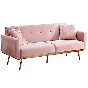 Velvet Futon Sofas Bed and Couch,70 Inches Long, Mid Century Modern Couch Tufted Back Sofa , 2 Throw Pillows, Armrest, 5 Metal Tapered and Wooden Legs for Living Room, Apartment, Bedroom (Pink)