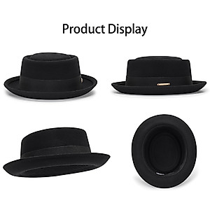 Classic 1920s Pure-Wool Roll-Brim Pork- Pie Fedora-Hat Men Women - Crushable Short-Brim Church Hat Boater-Hat Black