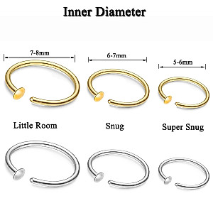 ZogCowy 6Pcs 22G Gold Nose Ring Hoop Surgical Steel Small Thin Cartilage Nose Ring Tiny Snug Fit Nose Piercing Jewelry 6mm 7mm 8mm Adjustable