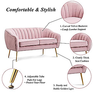 Artechworks Contemporary Tufted Velvet Tub Barrel Loveseat Sofa Chair Upholstered Couch with Golden Metal Legs Club Two-Seat Sofa for Living Reading Room Bedroom Apartment Small Space Dorm, Pink