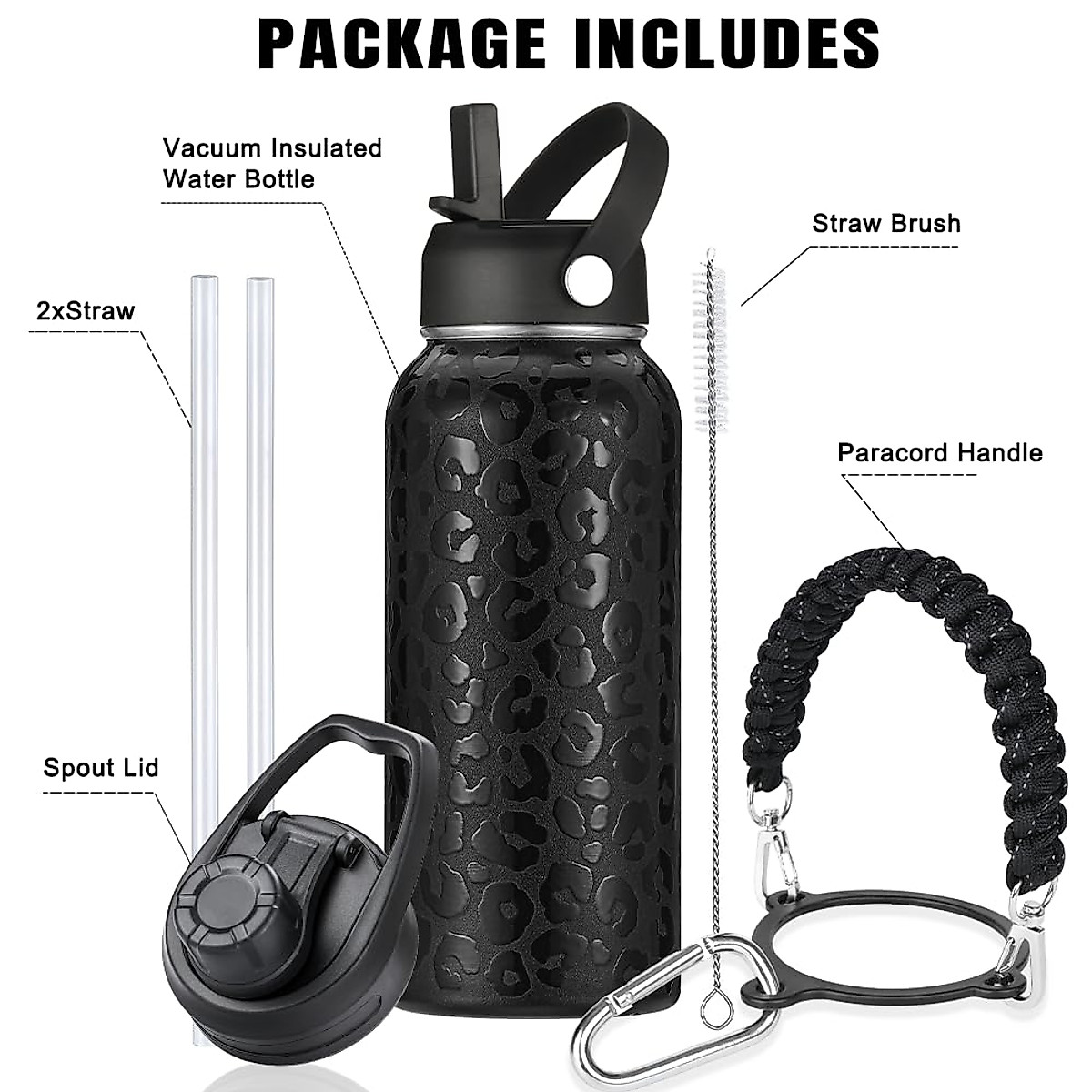WEREWOLVES Personalized Insulated Water Bottle with Paracord Handle Straw Lid & Spout Lid, Vacuum Stainless Steel Wide Mouth Water Bottle for Adults (40oz, Leopard Print-Black)