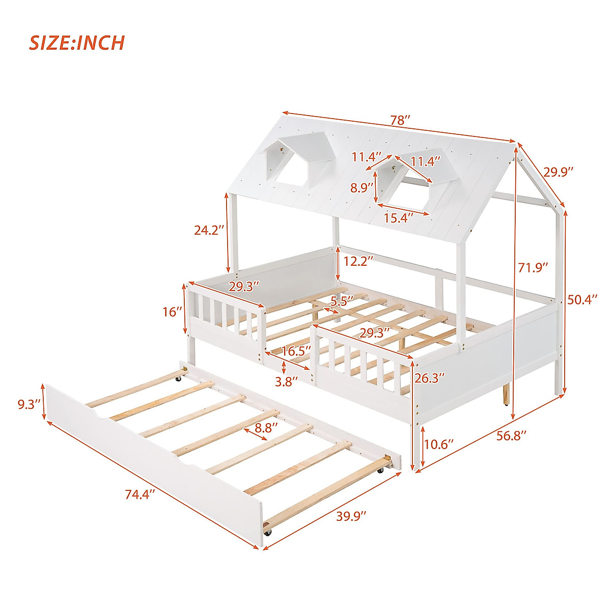 MERITLINE Full House Bed with Trundle, Wooden Platform Bed Frame with Roof, for Kids Teens Girls Boys - White