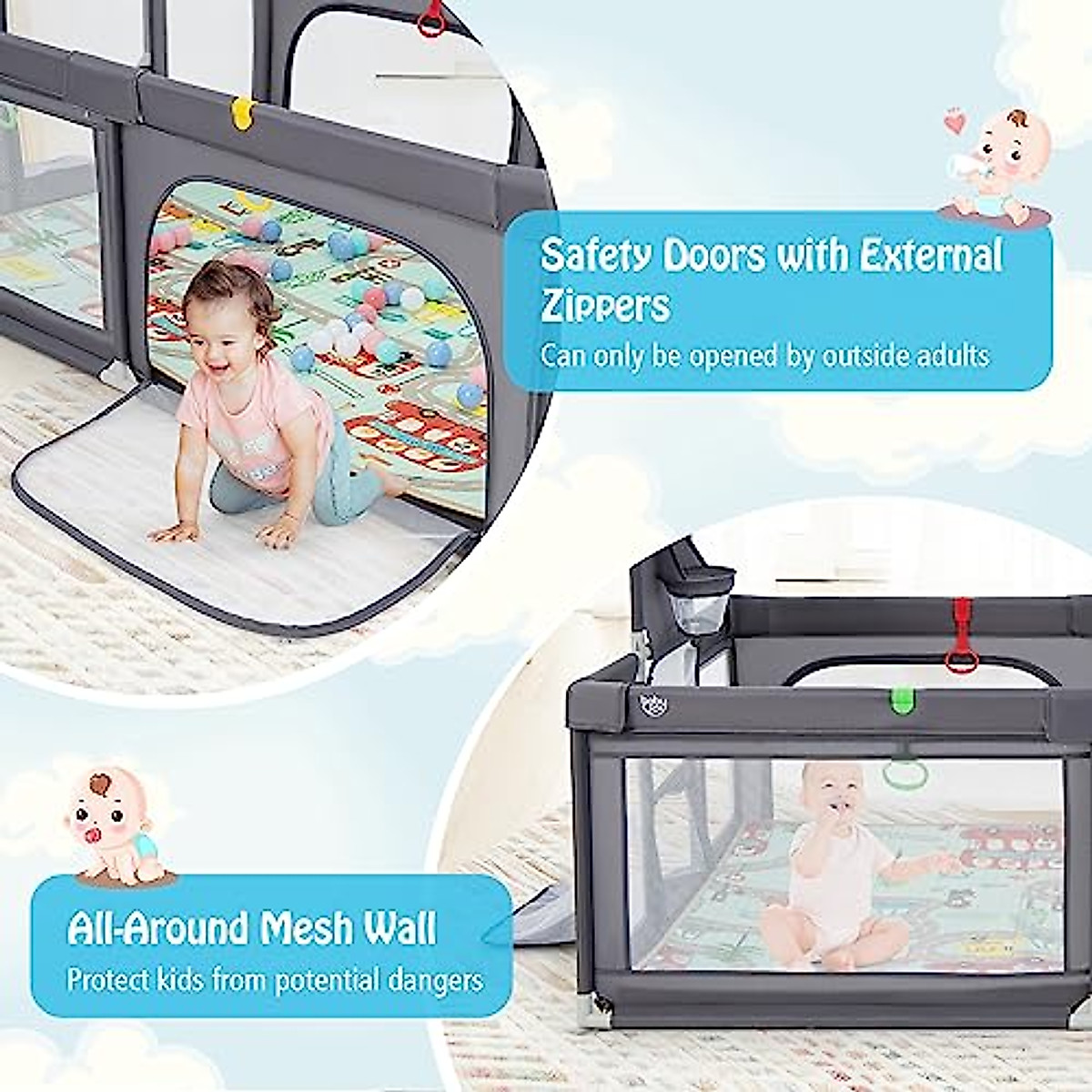 Costzon Large Baby Playpen with Mat, Playpen for Babies and Toddlers w/Basketball Hoop & Soccer Nets, Pull Rings & Ocean Balls, Zippered Gates, Portable Indoor Safety Sturdy Play Yard (Dark Gray)