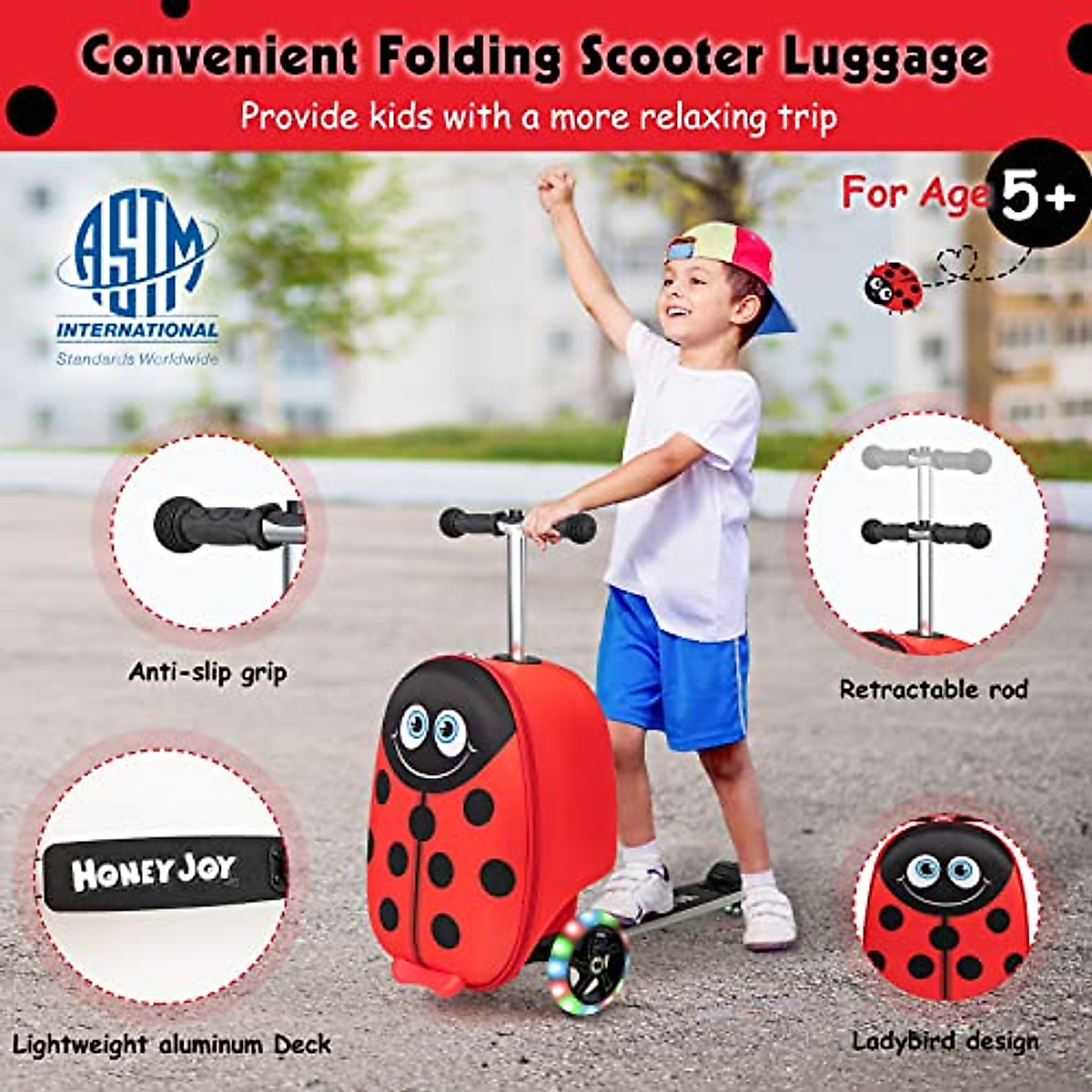 HONEY JOY Kids Scooter Suitcase, 18” Children Carry on Scooter Luggage w/Light-up LED Wheels, Waterproof Shell & Retractable Handle, Lightweight Foldable Ride on Suitcase for Kids Boys Girls(Red)