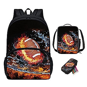 DMOYALA 3 Piece School Backpack Set Kids School Bag and Lunch Box Pencil Box, 3 in 1 Water and Fire Sports Rugby Pattern Backpack 17 Inch School Backpack for Teens Lightweight Backpack