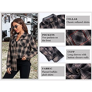 MARZXIN Plaid Flannel Shirt for Women Oversized Long Sleeve Button Down Shirts Casual Loose Blouse Tops Black Red Plaid L