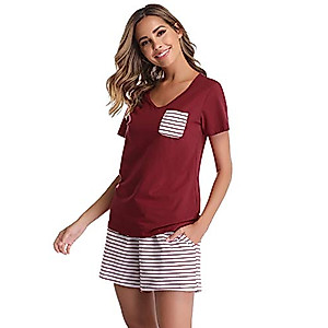 Vlazom Womens Pajama Set Cotton Short Pj Set Summer Stripe Lounge Set for Sleeping Yoga Gym Running Dark Red