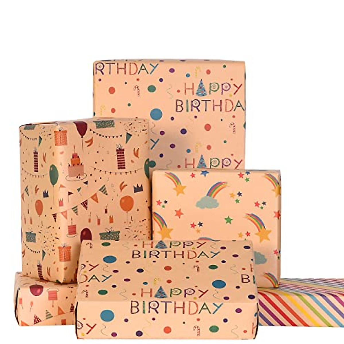PlandRichW Birthday Wrapping Paper for Kids Girls Women Boys Men,12 Sheets Kraft Brown Recycled Gift Wrapping Paper 4 Styles of ''Happy Birthday'' Balloon Rainbow Stars Precut 20" X 29" Folded