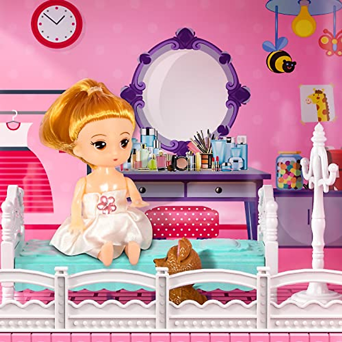 TEMI Dream Doll House Girls Toys - 2-Story 4 Rooms Playhouse with 2 Dolls Toy Figures, Fully Furnished Fashion Dollhouse, Pretend Play House with Accessories, Gift Toy for Kids Ages 3 4 5 6 7 8+