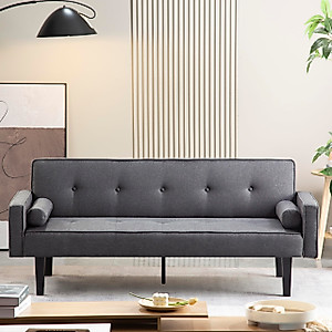 72'' Velvet Linen Fabric Convertible Futon Sofa Bed, Memory Foam Futon Couch Sleeper Sofa, Modern Loveseat Sofa with Adjustable Backrest and 2 Bolster Pillows for Home Living Room Office (Dark Gray)