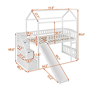 HABUHOME Twin Loft Bed with Stairway and Slide, House Bed with Two Drawers and Ladder, White