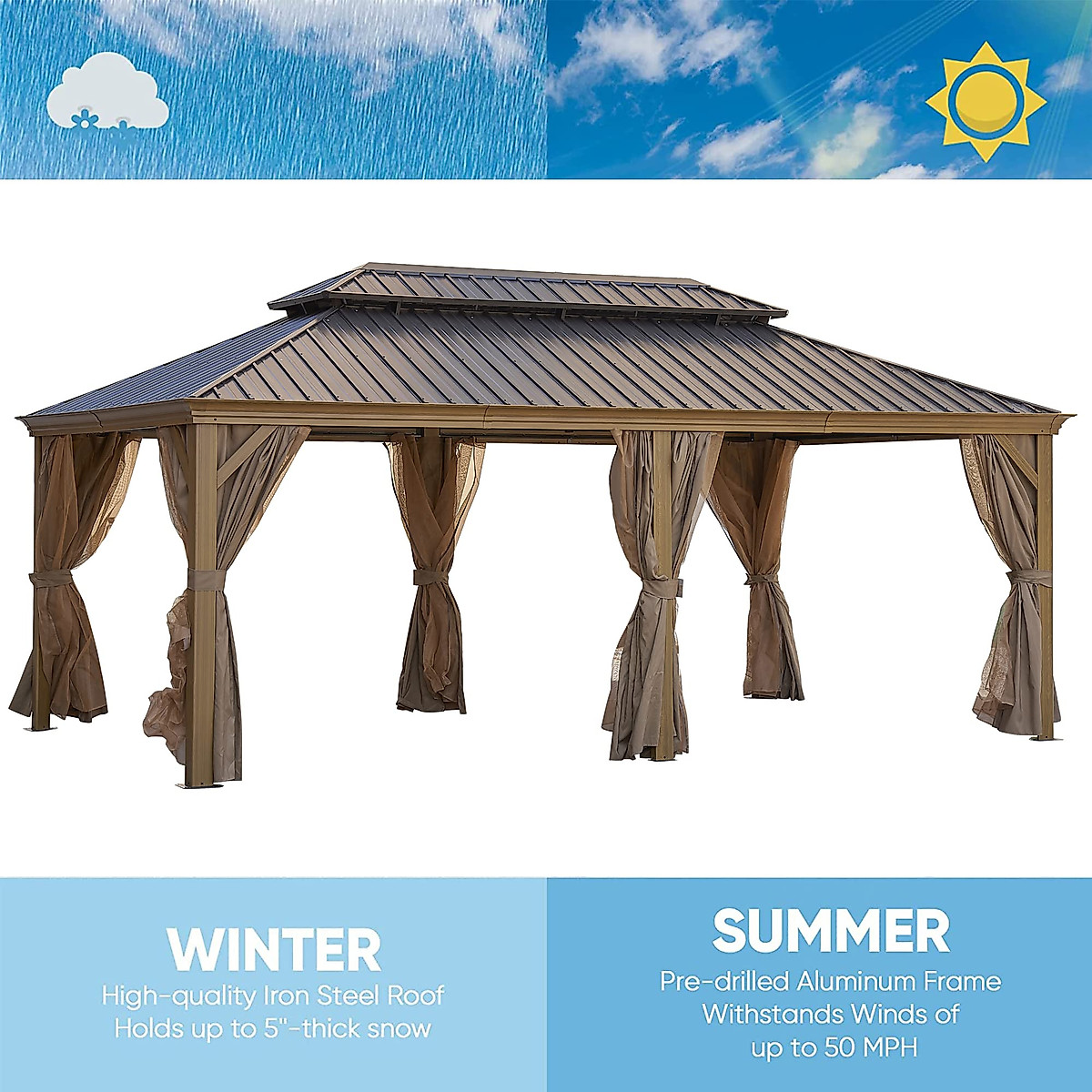 URTR Gazebo 12x20 FT, Outdoor Gazebo with Double Galvanized Steel Hardtop Roof, Permanent Hardtop Gazebo with Netting and Curtains, Patio Gazebo Pergola Pavilion for Gardens, Backyard Deck, Lawns