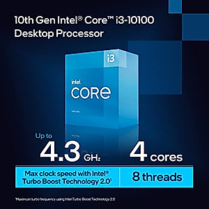 Intel Core i3-10100 Desktop Processor 4 Cores up to 4.3 GHz  LGA1200 (Intel 400 Series Chipset) 65W, Model Number: BX8070110100