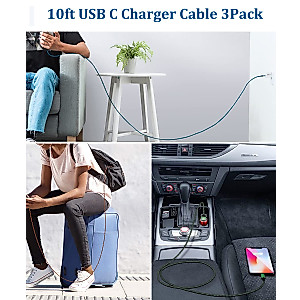 Aioneus USB A to Type C Charger Cable 10ft 3Pack, Long USB C Fast Charging Cord Braided for Samsung Galaxy S22 S21 S20 S10 S9 A03s A12 A13 A20 A21 A32 A42 A50 A51 A53 A71 S10e A10e, Moto G7 G6, LG