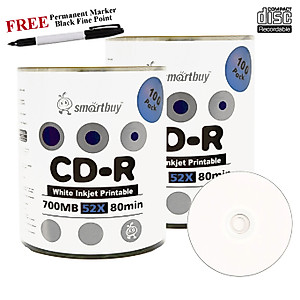 Smartbuy 200-disc 700mb/80min 52x CD-R White Inkjet Hub Printable Blank Media Disc + Black Permanent Marker