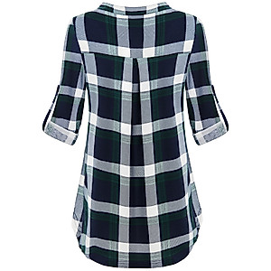 MOQIVGI Plaid Tops for Women Long Sleeve Button 3/4 Blouse Split V Neck Classic Tartan Patterned Sweatshirt Tunic Henley Boutique Shirts Blue Green Large
