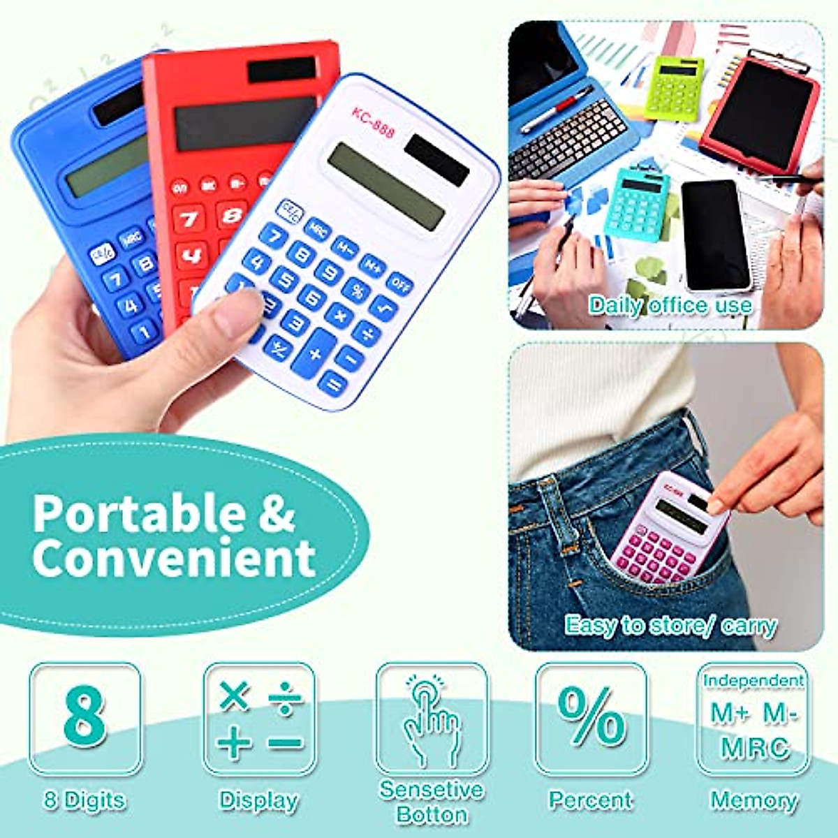 48 Pcs Pocket Calculator Small Basic Standard Battery Powered Calculator Mini Colored 8 Digit Handheld 4 Function Calculator for Students Kids School Teacher Desktop Home Office, 3 Designs