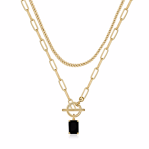 Gold Layered Necklaces for Women, 14K Gold Plated Cuban Link Chain Choker Necklaces Toggle Necklace Dainty Black Crystal Square Pendant Necklace Boho Style Jewelry Gold Layered Necklaces for Women