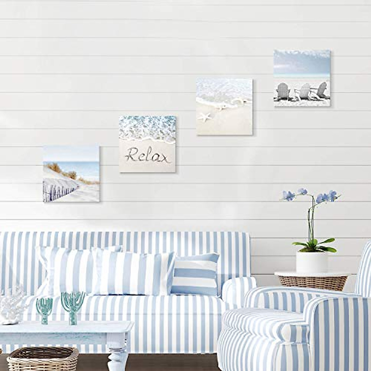 Coastal Artwork Beach Wall Art: Starfish & Chairs on Sand Painting with Word Picture on Canvas for Living Room (12” x 12'' x 4 Panels)