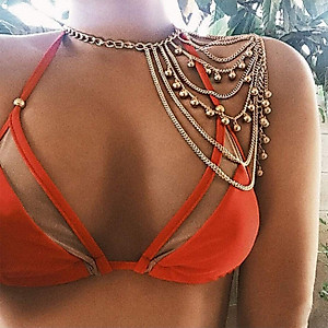 Yomiie Gold Body Chain Layered Tassels Shoulder Chain Bikini Beach Anniversary Festival Gift for Women Uniform Dress Bikini Shoulder Accessories