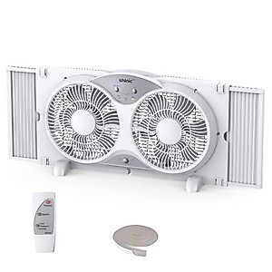 shinic 9" Blades Twin Window Fan with Reversible Airflow, Remote Control, 3 Speeds, 3 Functions, Bathroom Kitchen Exhaust Fan, Width Adjustable (From 23.5" to 37") ETL Certified Small Window Fan