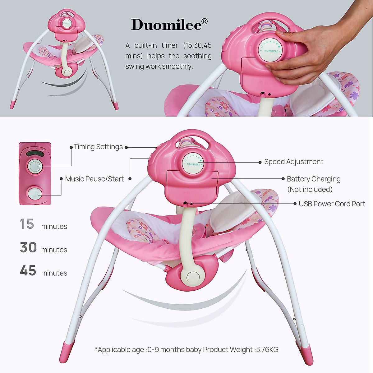 Baby Swings for Infants, Powered by Power Cord (Included) and Batteries for Indoor/Outdoor Use, Easy-Fold Infant Swing, Electric Baby Swing for 0-9 Months 6-25 lbs