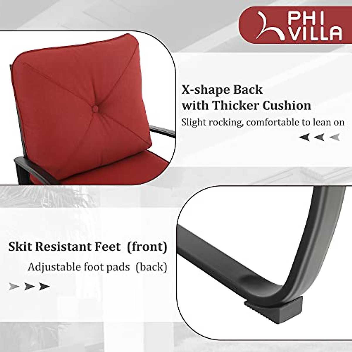 PHI VILLA 5 Pcs Patio Dining Table and Chair Set, 4 pcs C-Spring Relaxing Cushioned Sofa Chairs & 1 Sqaure 37"x 37" Outdoor Table with 1.57" Umbrella Hole, Patio Furniture for Garden Red Cushion