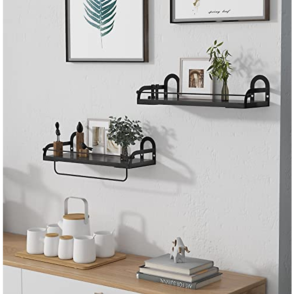 JIANGBAI 15.7inchX2 Wall Shelves for Bedroom , Floating Wall Shelves for Living Room Kitchen , Wall Mounted Rustic Wood Floating Shelves for Books, Small Shelf for Bathroom, Laundry Room (Black)