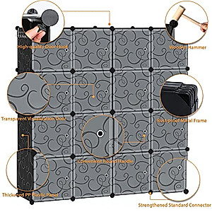 C&AHOME Cube Storage Organizer, 16-Cube Storage Shelving with Doors, Modular Book Shelf, Plastic Shelves Organizing Units, Ideal for Bedroom Living Room 48.4" L × 12.4" W × 48.4" H Black SHS3016B-DOOR