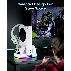 MENEEA Cooling Stand & Charging Station for Xbox Series S with 15 RGB LED Light Modes - Dual Controller Charger & Cooler Fan for Xbox Series S Accessories with 2*1400mAH Batteries and Headphone Hook