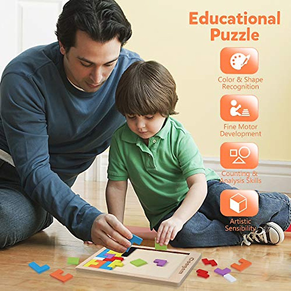 Coogam Wooden Blocks Puzzle Brain Teasers Toy Tangram Jigsaw Intelligence Colorful 3D Russian Blocks Game STEM Montessori Educational Gift for Kids (40 Pcs)