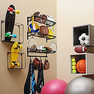Sunix Garage Sports Equipment Storage, Basketball Rack with 3 Racks, Sports Equipment Organizer Wall Mount Shelf with 4 Hooks for Rackets, Sports Equipment Storage Rack, basketball Rack