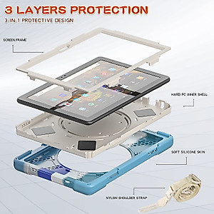 360 ° Rotation Portable Case for Fire HD 10 & HD 10 Plus Tablet（11th Generation, 2021 Release Rugged Case Rotating Stand Hand Strap Shoulder Carrying Strap Outdoor Cover (Colourful Blue)