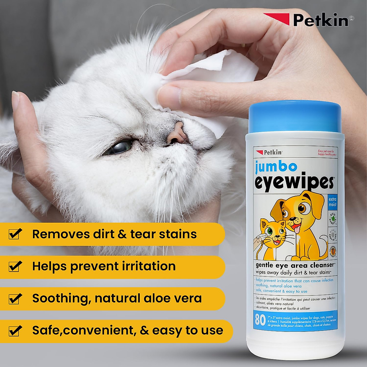 Petkin Jumbo Pet Eye Wipes, 80 Extra Moist Wipes - Gentle Eye Cleansing Wipes Remove Dirt, Discharge, & Tear Stains - Safe, Convenient, & Easy to Use Pet Wipes for Dogs, Cats, Puppies & Kittens