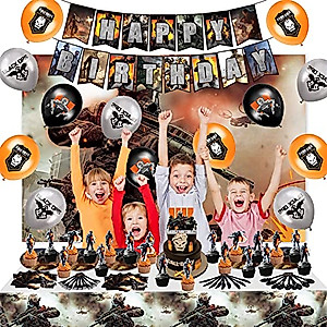 112 Pcs Birthday Decorations, Birthday Party Supplies for Boys Including Happy Birthday Banner, Cake & Cupcake Toppers, Balloons, Backdrop, Tablecloth and Dinner Sets for 10 Guests