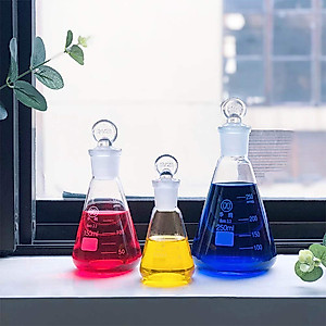 HUAOU 3pcs Glass Erlenmeyer Flask Set, 50ml 150ml 250ml Laboratory Flask with Stopper, Lab Chemistry 3.3 Borosilicate, Narrow Mouth, Printed Graduation, Conical Flask with Cleaning Brush