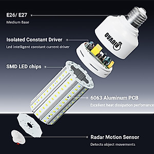 RIUVAO Motion Sensor Light Bulbs 60W（500W Equivalent E26 5000K, Motion Activated Dusk to Dawn Led Corn Light Bulb for Porch Basement Garage, Sensing and Always-ON Two Working Mode Selection
