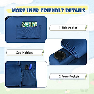 GLACER Kids Recliner, Velvet Adjustable Baby Recliner w/Cup Holder, Footrest, Lumbar Support, Armrests, Side Pockets, Kids Recliner Chairs for Toddlers for Boys Girls Age 3+, Toddler Recliner (Blue)